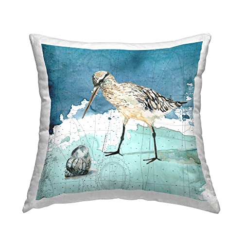 Stupell Industries Beach Bird Round Shell Blue Ocean Coastal Map Design by Carol Robinson Pillow, 18 x 18