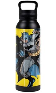 batman official classic logo 24 oz insulated canteen water bottle, leak resistant, vacuum insulated stainless steel with loop cap, black