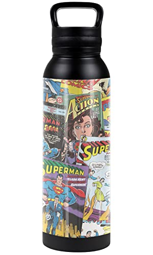 Superman OFFICIAL Comic Covers 24 oz Insulated Canteen Water Bottle, Leak Resistant, Vacuum Insulated Stainless Steel with Loop Cap, Black