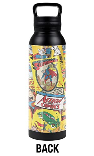 Superman OFFICIAL Comic Covers 24 oz Insulated Canteen Water Bottle, Leak Resistant, Vacuum Insulated Stainless Steel with Loop Cap, Black