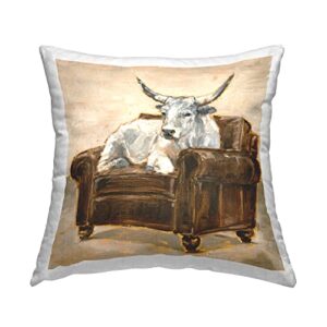 stupell industries longhorn white bull resting in brown chair design by ethan harper pillow, 18 x 18