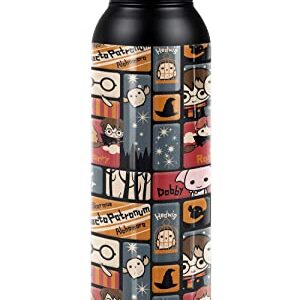 Harry Potter OFFICIAL Cute Chibi Pattern 24 oz Insulated Canteen Water Bottle, Leak Resistant, Vacuum Insulated Stainless Steel with Loop Cap, Black