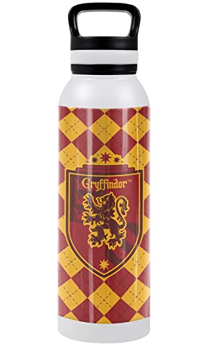 Harry Potter OFFICIAL Griffindor Plaid Sigil 24 oz Insulated Canteen Water Bottle, Leak Resistant, Vacuum Insulated Stainless Steel with Loop Cap, White