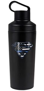 superman official superman thin blue line flag shield logo pattern 18 oz insulated water bottle, leak resistant, vacuum insulated stainless steel with 2-in-1 loop cap