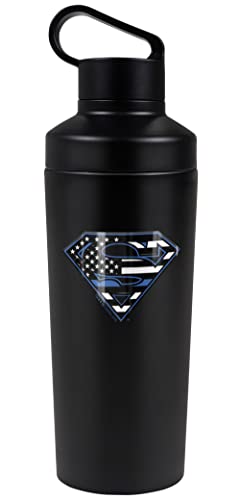 Superman OFFICIAL Superman Thin Blue Line Flag Shield Logo Pattern 18 oz Insulated Water Bottle, Leak Resistant, Vacuum Insulated Stainless Steel with 2-in-1 Loop Cap