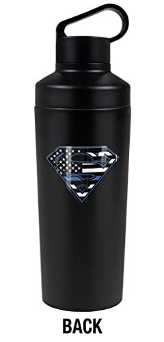 Superman OFFICIAL Superman Thin Blue Line Flag Shield Logo Pattern 18 oz Insulated Water Bottle, Leak Resistant, Vacuum Insulated Stainless Steel with 2-in-1 Loop Cap