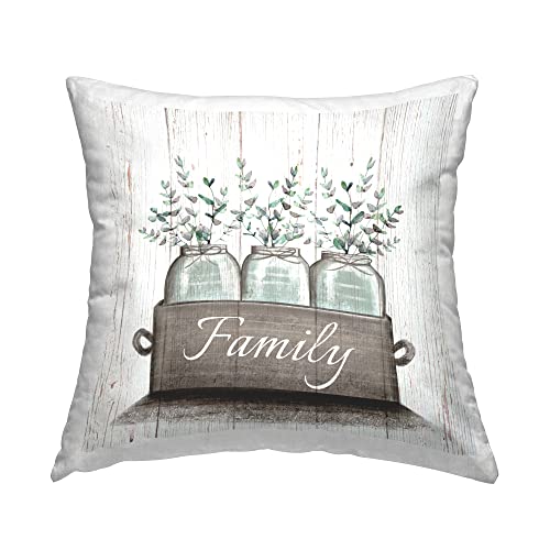 Stupell Industries Green Eucalyptus Foliage Jars with Family Sentiments Design by Elizabeth Tyndall Pillow, 18 x 18, Off- White