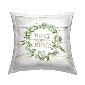 stupell industries sweet home greeting eucalyptus wreath rustic plank pattern design by jennifer pugh pillow, 18 x 18, green