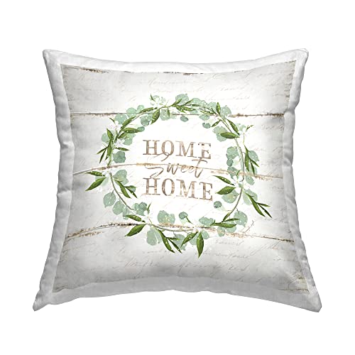 Stupell Industries Sweet Home Greeting Eucalyptus Wreath Rustic Plank Pattern Design by Jennifer Pugh Pillow, 18 x 18, Green