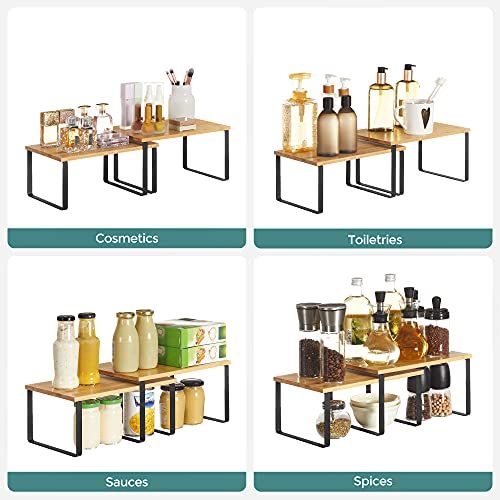 SONGMICS Kitchen Counter Organizers and Cabinet Shelves Bundle, Set of 4 Expandable Kitchen Cabinet Shelves, Metal and Bamboo, Black, Natural, and White UKCS02NB and UKCS02NW