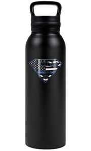 superman official superman thin blue line flag shield logo pattern 24 oz insulated canteen water bottle, leak resistant, vacuum insulated stainless steel with loop cap, black