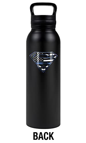 Superman OFFICIAL Superman Thin Blue Line Flag Shield Logo Pattern 24 oz Insulated Canteen Water Bottle, Leak Resistant, Vacuum Insulated Stainless Steel with Loop Cap, Black