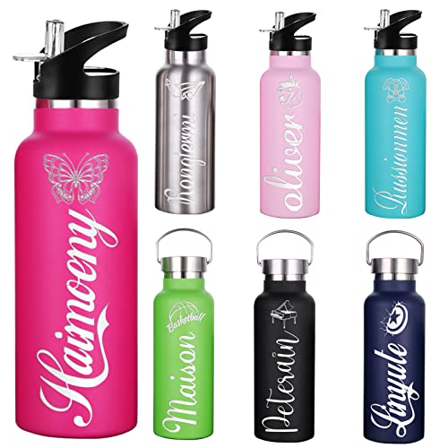 Backquik Personalized Custom Water Bottle with Straw Cover Leak Proof Kids Engraved Sports Bottle with Name Stainless Steel Insulated Thermos for Outdoor Gym