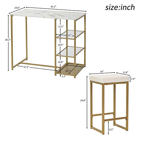 PPHome Table & Chair 3-Piece Modern Faux Marble Countertop/Bar Stools/Storage Shelves, Breakfast Chair Home Kitchen Pub, Living Room Furniture (White/Gold), Dining Table Set