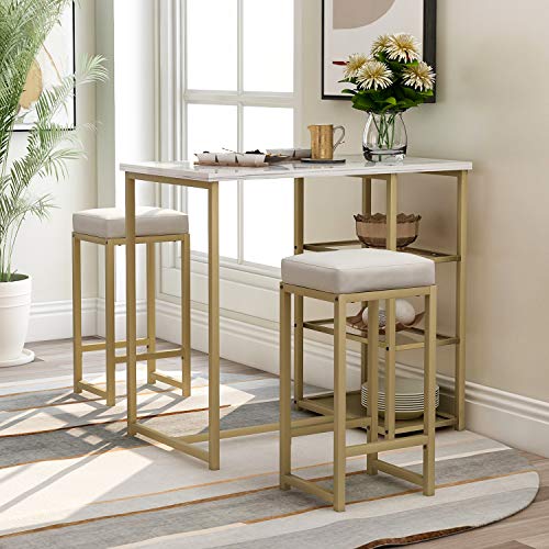 PPHome Table & Chair 3-Piece Modern Faux Marble Countertop/Bar Stools/Storage Shelves, Breakfast Chair Home Kitchen Pub, Living Room Furniture (White/Gold), Dining Table Set