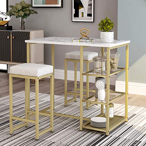 PPHome Table & Chair 3-Piece Modern Faux Marble Countertop/Bar Stools/Storage Shelves, Breakfast Chair Home Kitchen Pub, Living Room Furniture (White/Gold), Dining Table Set