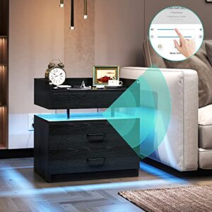 TC-HOMENY LED Nightstand with Voice-Activated Mode, End Table with Charging Station for Bedroom Furniture, Side Bed Table with 2 Drawers (Black)