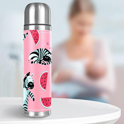 Cute Zebras and Watermelon Pink Stainless Steel Water Bottle, Leak-Proof Travel Thermos Mug, Double Walled Vacuum Insulated Flask 17 OZ