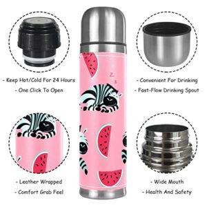 Cute Zebras and Watermelon Pink Stainless Steel Water Bottle, Leak-Proof Travel Thermos Mug, Double Walled Vacuum Insulated Flask 17 OZ