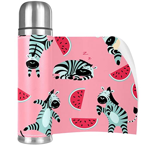 Cute Zebras and Watermelon Pink Stainless Steel Water Bottle, Leak-Proof Travel Thermos Mug, Double Walled Vacuum Insulated Flask 17 OZ