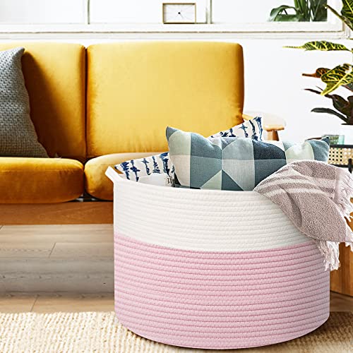 MXMHOME Large Woven Rope Basket With Handles Basket for Blankets for Living Room Large Baby Cat Dog Toy Storage Basket Wicker Woven Big Round Laundry Basket Hamper (23.6”x14.1”), XXXL, Pink