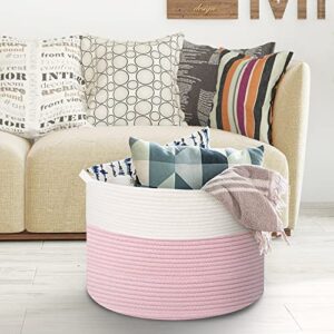 MXMHOME Large Woven Rope Basket With Handles Basket for Blankets for Living Room Large Baby Cat Dog Toy Storage Basket Wicker Woven Big Round Laundry Basket Hamper (23.6”x14.1”), XXXL, Pink