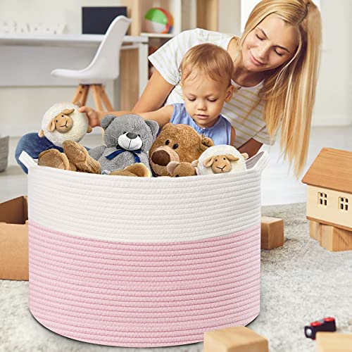 MXMHOME Large Woven Rope Basket With Handles Basket for Blankets for Living Room Large Baby Cat Dog Toy Storage Basket Wicker Woven Big Round Laundry Basket Hamper (23.6”x14.1”), XXXL, Pink