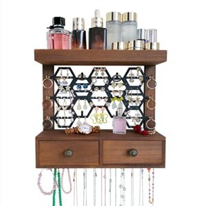 wall mounted hanging jewelry organizer with 2 big storage wooden drawers + honeycomb earring holder. jewelry stand with 2-layer shelves +18 necklace hooks display bracelet, ear studs, ring. girl gift