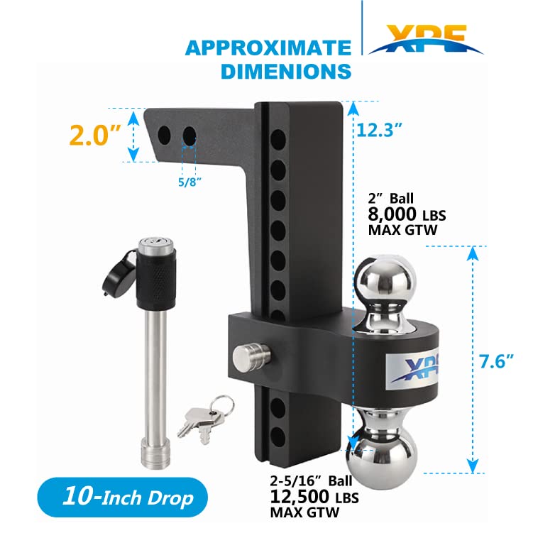 XPE Tow Hitch- Fits 2'' Receiver Only, 10'' Drop/Rise Drop, Dual Ball (2'' X 2-5/16''), Adjustable Aluminum Trailer Hitch for Heavy Duty Truck -12,500 Gtw with Trailer Locks, Black, XPE322010