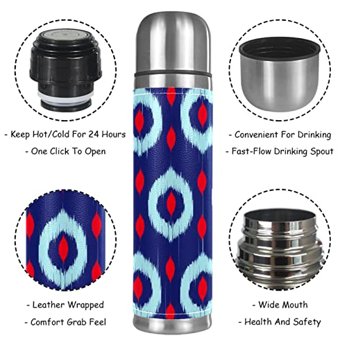 Ikat Magnolia Blue Print Stainless Steel Water Bottle Leak-Proof, Double Walled Vacuum Insulated Flask Thermos Cup Travel Mug 17 OZ