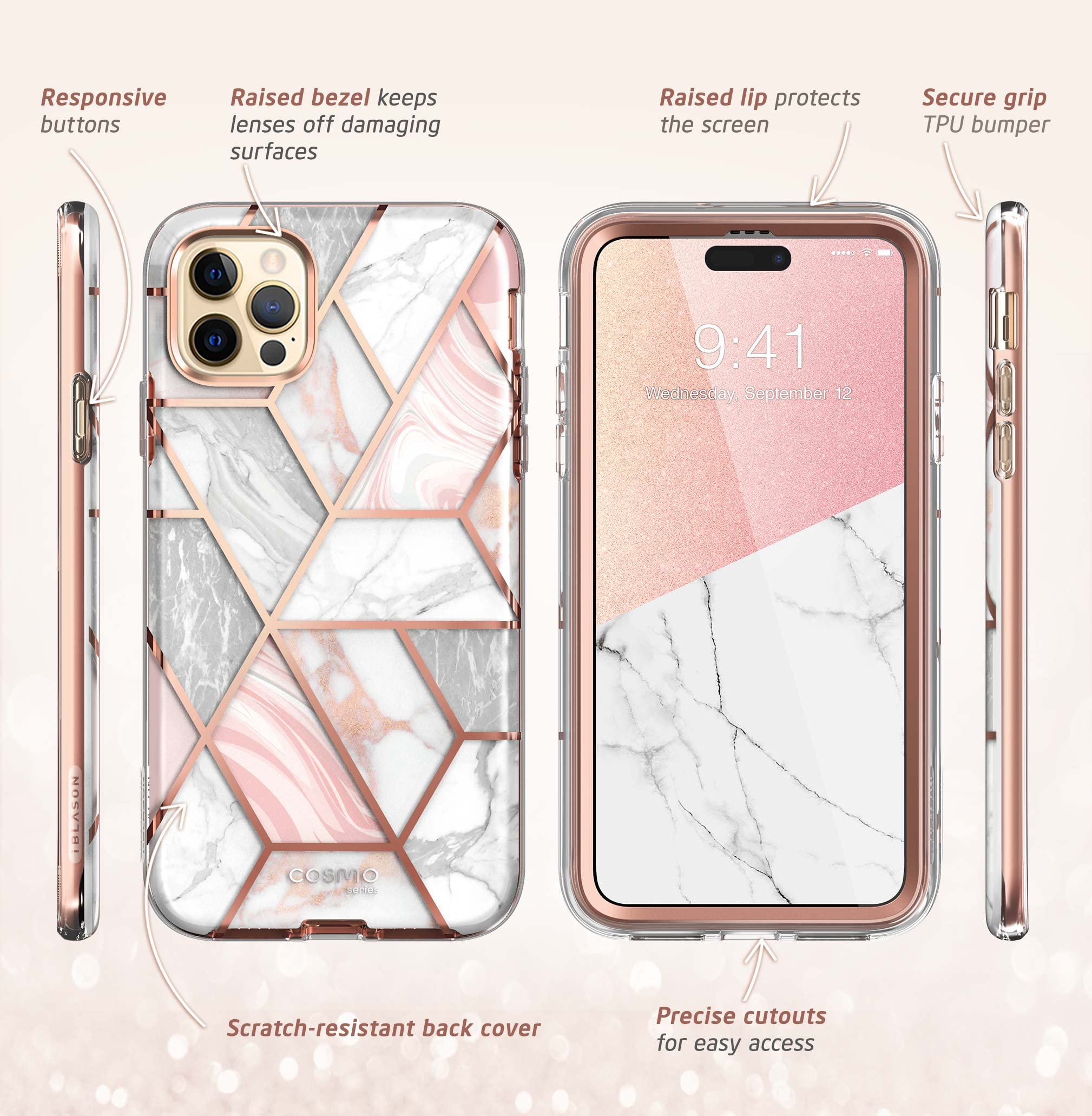 i-Blason Cosmo Series for iPhone 14 Pro Max Phone Case 6.7 inch (2022), Slim Full-Body Stylish Protective Case with Built-in Screen Protector (Marble)