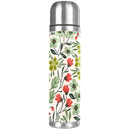 Summer Floral Pattern with Colorful Plants and Flowers Vacuum Insulated Water Bottle Stainless Steel Thermos Flask Travel Mug Coffee Cup Double Walled 17 OZ