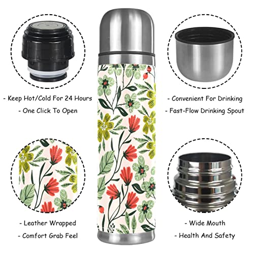 Summer Floral Pattern with Colorful Plants and Flowers Vacuum Insulated Water Bottle Stainless Steel Thermos Flask Travel Mug Coffee Cup Double Walled 17 OZ