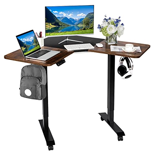 COSTWAY L Shaped Electric Adjustable Desk, L-Shaped Standing Computer Desk w/Splice Tabletop, 2 Hooks & Rolling Casters, Sit-Stand Corner Desk w/ 4 Memory Positions for Home Office (Rustic Brown)