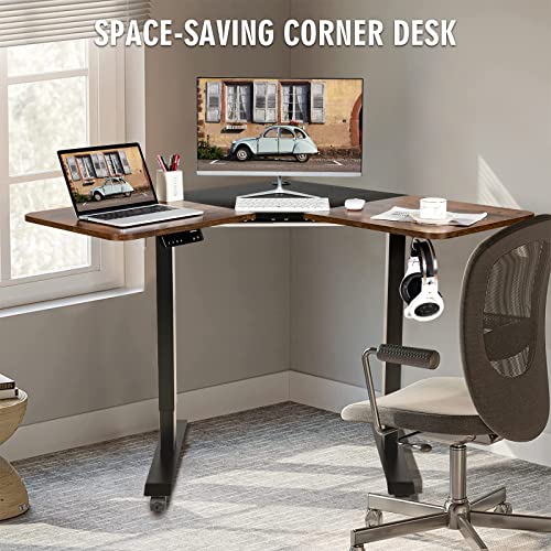 COSTWAY L Shaped Electric Adjustable Desk, L-Shaped Standing Computer Desk w/Splice Tabletop, 2 Hooks & Rolling Casters, Sit-Stand Corner Desk w/ 4 Memory Positions for Home Office (Rustic Brown)