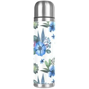 watercolor blue floral flower cute stainless steel water bottle leak-proof, double walled vacuum insulated flask thermos cup travel mug 17 oz