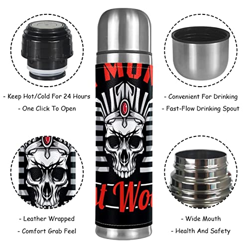 the Mummy Pharaoh Skull Head Stainless Steel Water Bottle Leak-Proof, Double Walled Vacuum Insulated Flask Thermos Cup Travel Mug 17 OZ