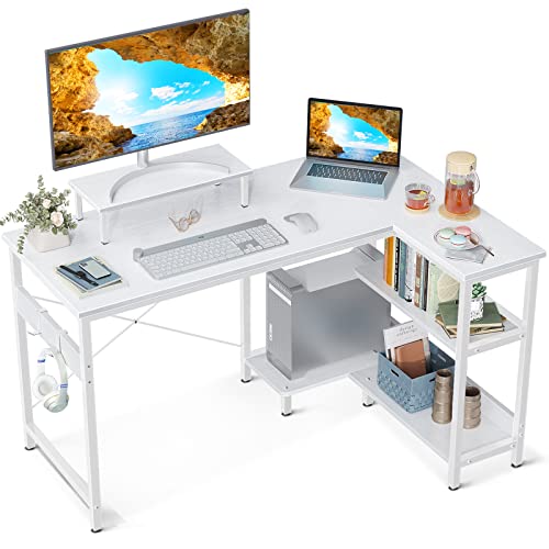 ODK L Shaped Computer Desk with Reversible Storage Shelves, 40 Inch Corner Desk with Monitor Stand for Small Space, Modern Simple Writing Study Table for Home Office Workstation, White