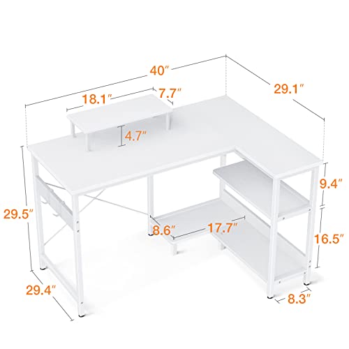 ODK L Shaped Computer Desk with Reversible Storage Shelves, 40 Inch Corner Desk with Monitor Stand for Small Space, Modern Simple Writing Study Table for Home Office Workstation, White