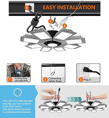 CODAFUL LED High Bay Light 8 Panels 300W LED Garage Lights with US Plug 5ft Cable 85-277V, Light for Wet Location Warehouse Residential Barn Factory Workshop, Shop Lighting (250W-1Pack, Silvery)