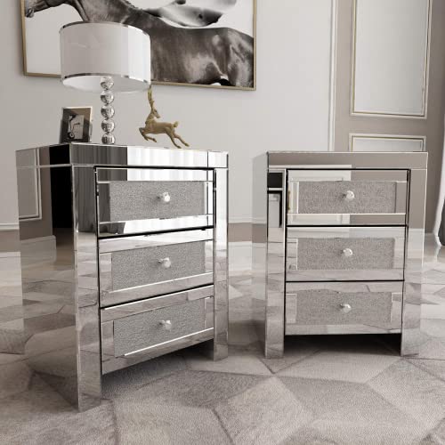 Alohappy Mirrored Nightstand with 3-Drawers, Mirror End Table Silver Bedside Table for Living Room/Bedroom, Fully Assembled