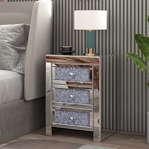 Alohappy Mirrored Nightstand with 3-Drawers, Mirror End Table Silver Bedside Table for Living Room/Bedroom, Fully Assembled