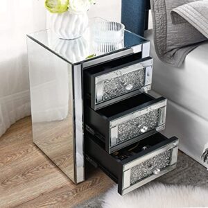 Alohappy Mirrored Nightstand with 3-Drawers, Mirror End Table Silver Bedside Table for Living Room/Bedroom, Fully Assembled