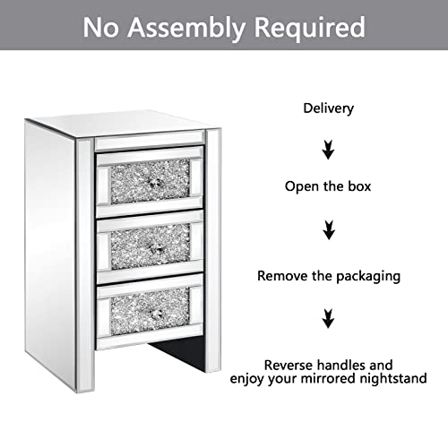 Alohappy Mirrored Nightstand with 3-Drawers, Mirror End Table Silver Bedside Table for Living Room/Bedroom, Fully Assembled