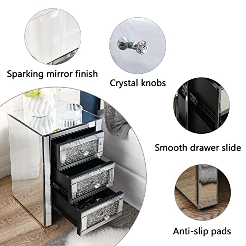 Alohappy Mirrored Nightstand with 3-Drawers, Mirror End Table Silver Bedside Table for Living Room/Bedroom, Fully Assembled