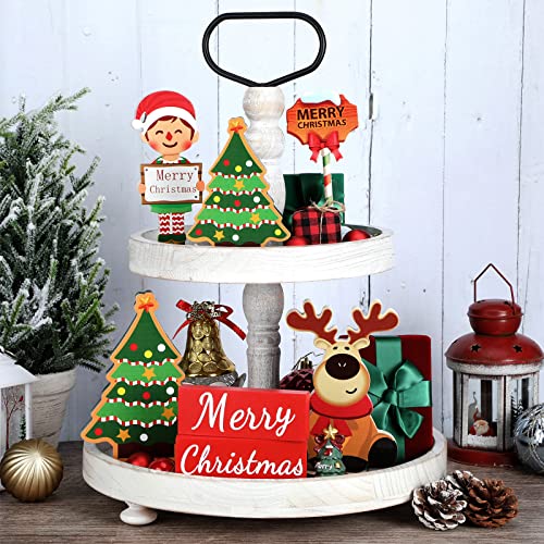 7 Pcs Christmas Tiered Tray Decor, Farmhouse Rustic Christmas Indoor Decorations Wooden Tiered Tray Xmas Tree Reindeer Elf Guidepost Merry Christmas Signs Set for Table Mantle Holiday Decor