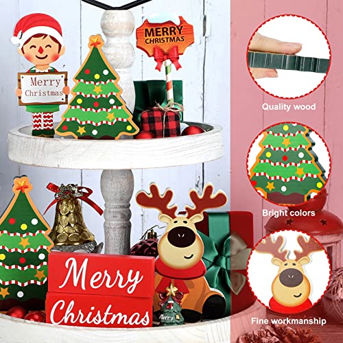 7 Pcs Christmas Tiered Tray Decor, Farmhouse Rustic Christmas Indoor Decorations Wooden Tiered Tray Xmas Tree Reindeer Elf Guidepost Merry Christmas Signs Set for Table Mantle Holiday Decor