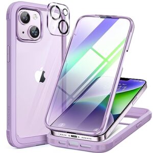 miracase glass series designed for iphone 14 plus phone case 6.7 inch, 2023 upgrade full-body clear bumper case with built-in 9h tempered glass screen protector and camera lens protector,purple