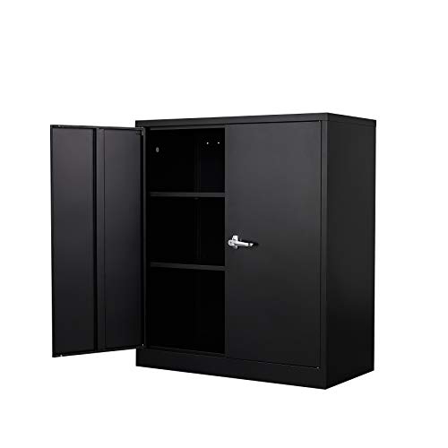 Rophefx 2 Doors Metal Storage Cabinet, Steel Storage Cabinet with 2 Adjustable Shelves for Warehouse, Garage, Home Office, Black