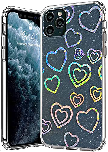 CEOKOK Compatible with iPhone 11 Pro Max Case Glitter Clear with Design Laser Holographic Heart Love Sparkly Cute Bling Hard PC & Soft TPU Shockproof Protective Phone Cover for Women Girls